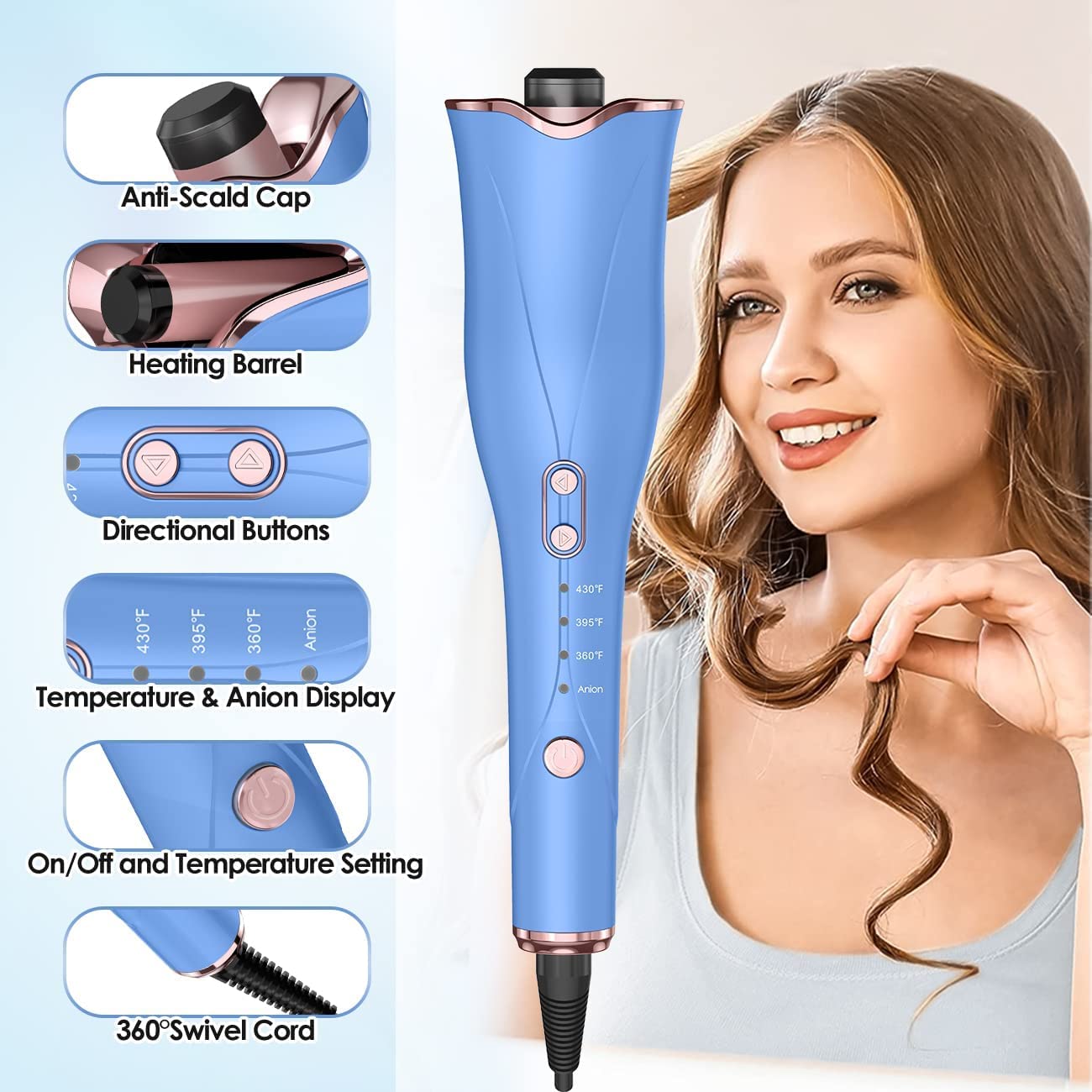 Auto Hair Curler, Upgrade Automatic Hair Curler with 1000W+ Negative Ion Iron Wand Professional Anti-Tangle Automatic Curling Iron, Dual Voltage Rotating Curling lron with Auto Shut-Off (Thoussilk)