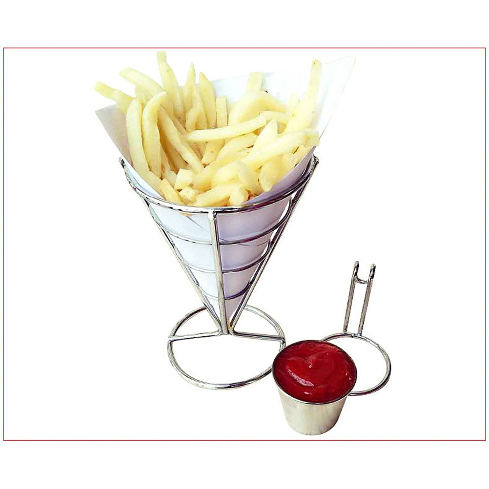 BESTONZON 2-Piece French Fry Stand Metal Spiral Cone Basket Holder for Fries Fish and Chips and Sauce Dippers