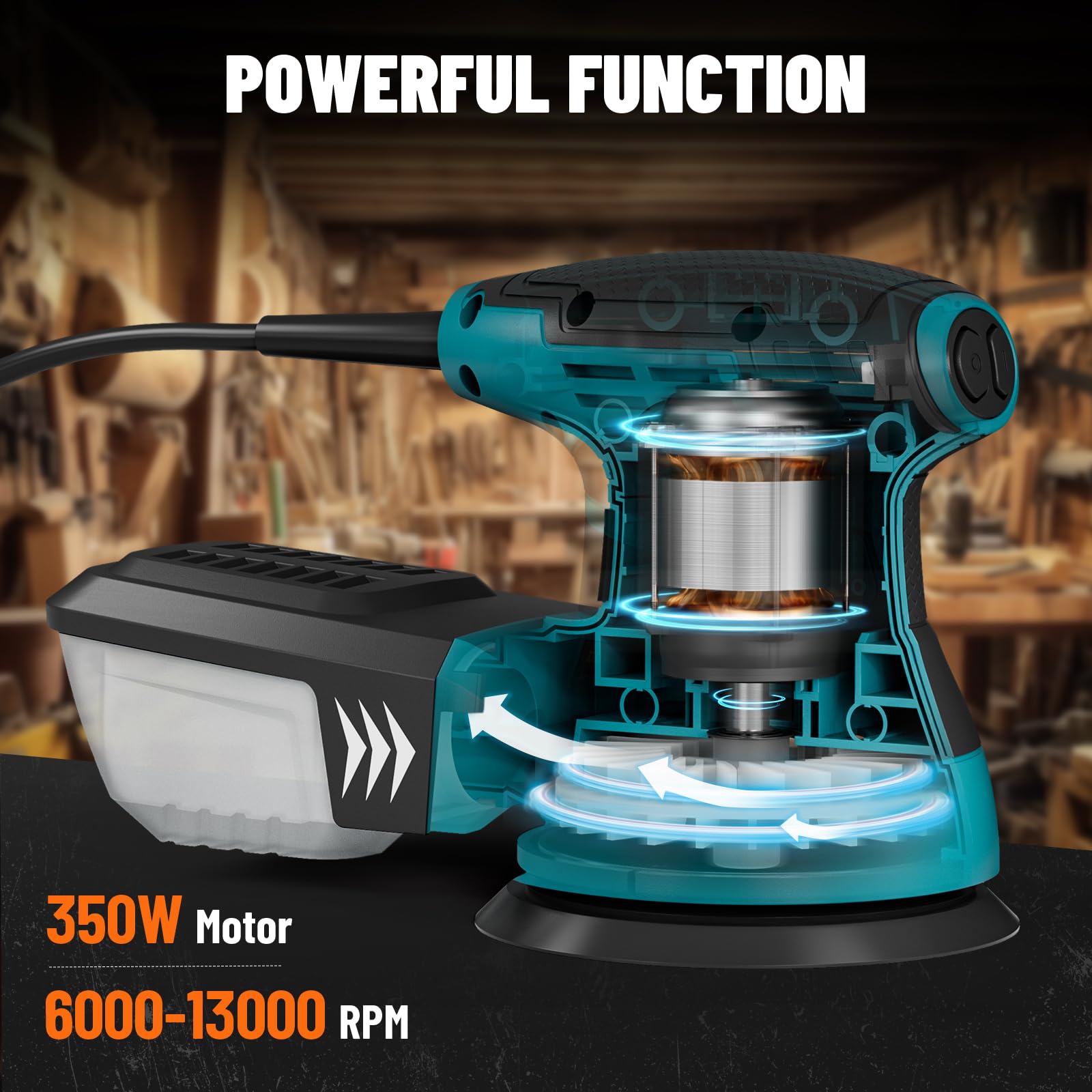 DOVAMAN ROS01A Orbital Sander, 3A Random Orbit Sander, 6 Variable Speeds, Up to 13000 rpm, 12pcs Sandpapers, 5in Sanding Pad, Dust Collection, Electric Sander Perfect for Woodworking
