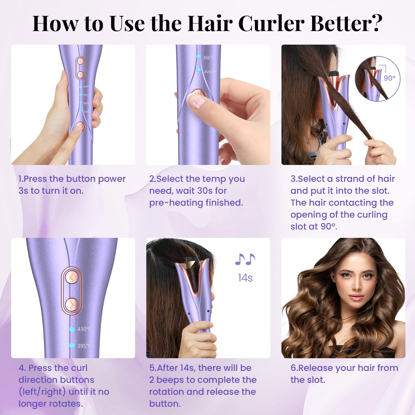 Automatic Curling Iron, Curling Iron with Adjustable 3 Temps & 3 Timer Settings, Auto Shut-Off, Anti-Scald Auto Hair Curler with Spin Iron Fast Heating Styling Tools & Appliances