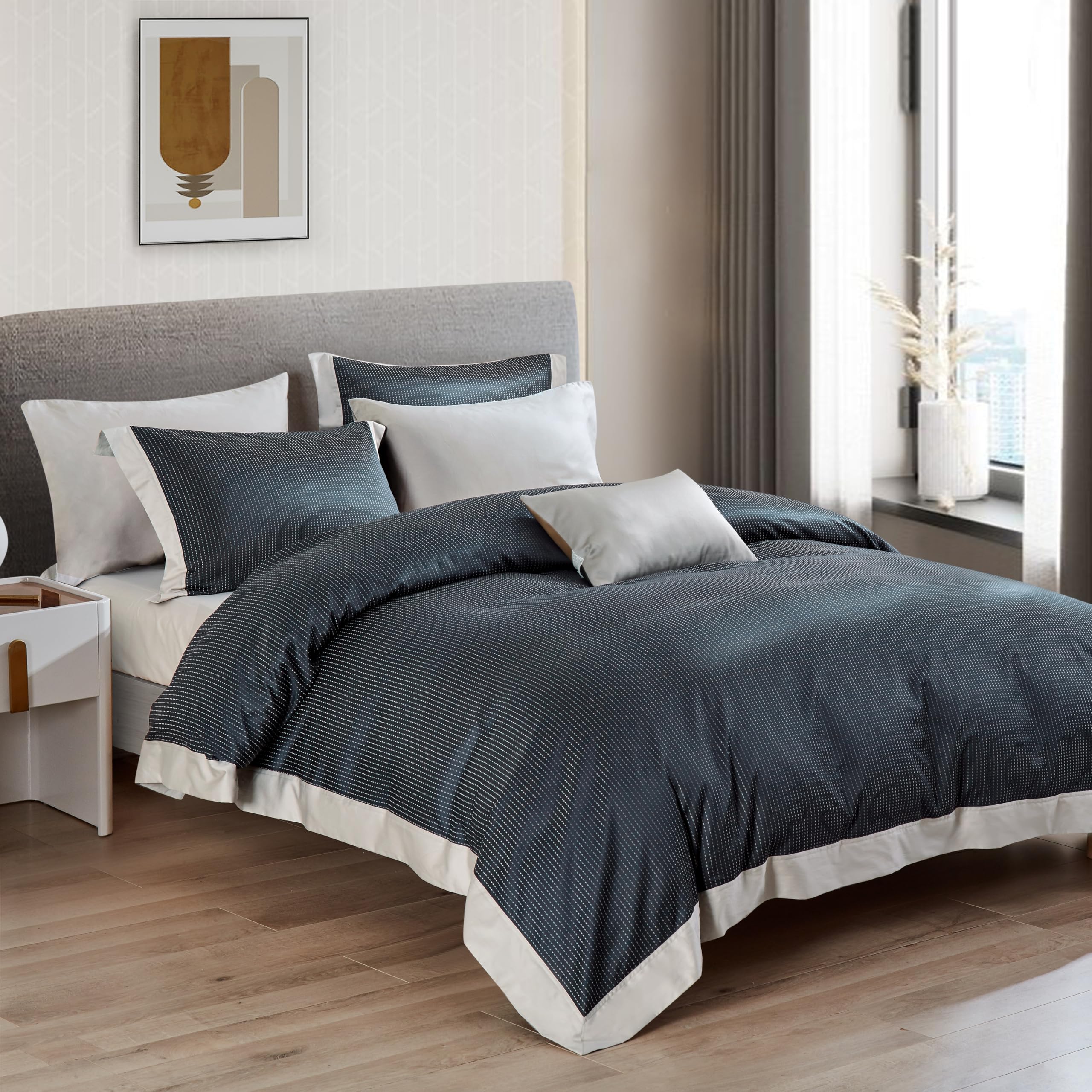 CASA BOLAJ DESIGNED TO DREAM Casabolaj Duvet Cover Set 3PCS Cotton Yarn Dyed Jacquard Navy Stripe (Queen, Duvet Cover Set)