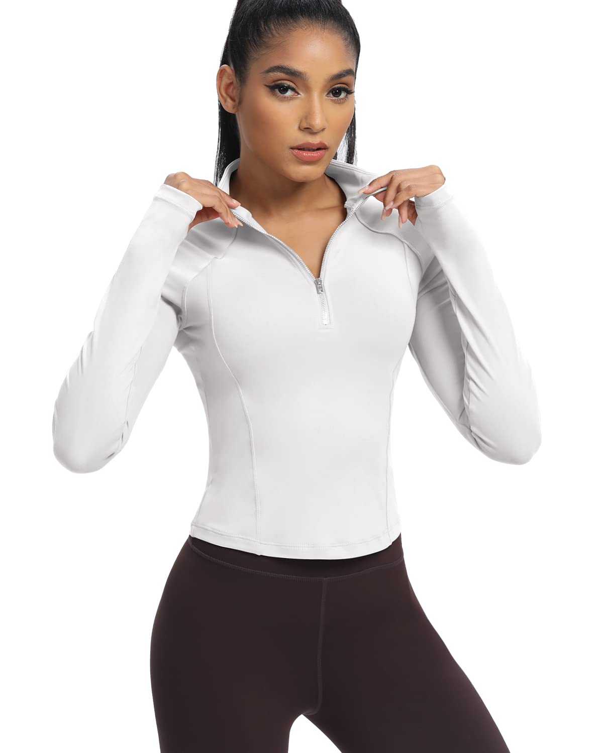 AVGO Workout Jackets for Women Slim Fit Cropped Running Jackets with Thumb Holes Half Zip Athletic Tops(White ,X-Small)