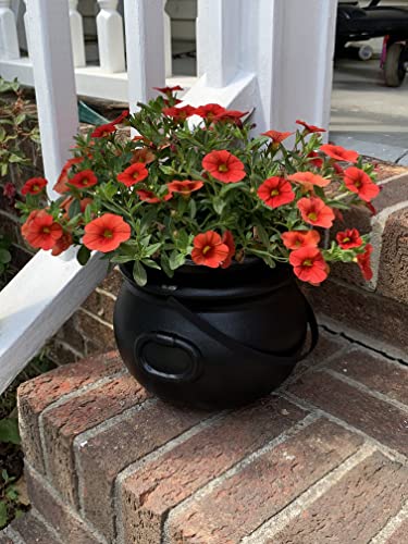 Black Plastic Planter, Antique, Cast Iron Looking Cauldron Kettle Flower Pot 8" with Handle, Early American Style