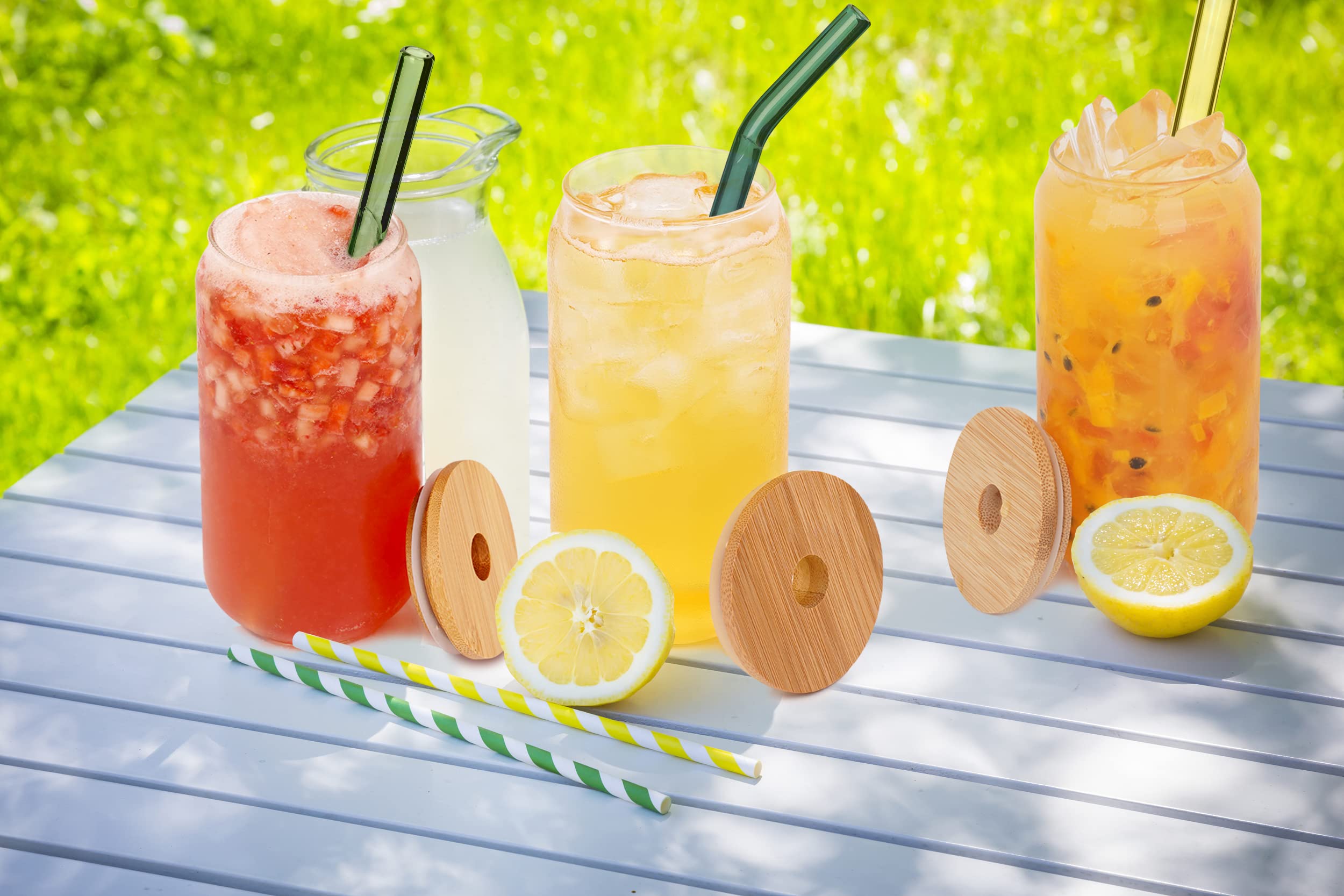 Bamboo Lids for Beer Can Glass, ANOTION Mason Jar Lids with Straw Hole, 4 Reusable Bamboo Mason Jar Drinking Lids for Regular Mouth Mason Jar with 4 Muti-Color Glass Straw for Coffee Boba Cup