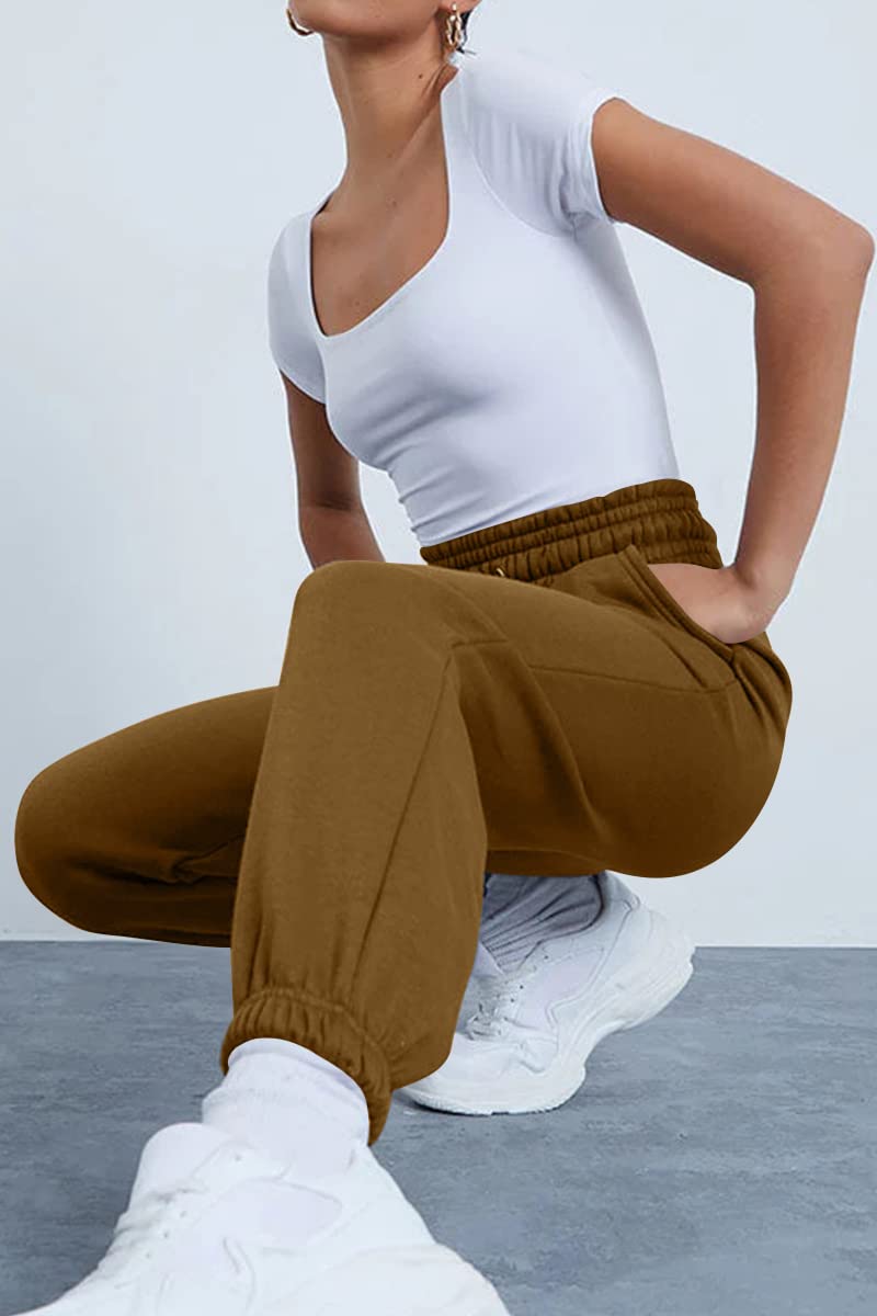 AUTOMET Women’s 2023 Fall High Waisted Sweatpants Baggy Fleece Lined Lounge Pants Petite Wide Leg Drawstring Brown Joggers