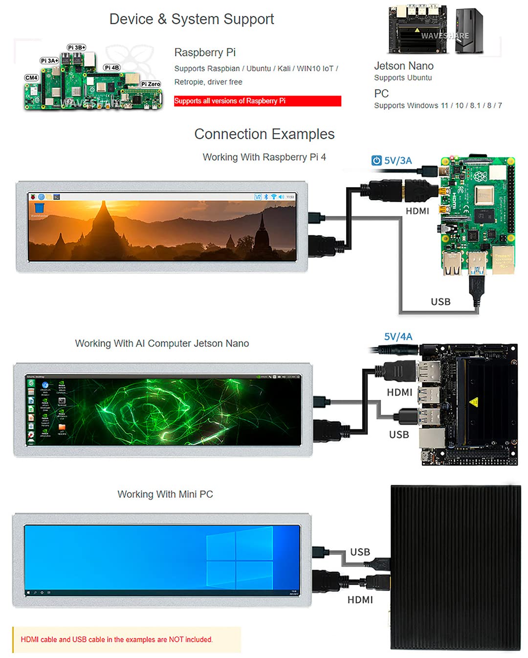 for All Raspberry Pi/AI Computer Jetson Nano/PC Windows 11/10 / 8.1/8 / 7, 8.8" IPS Side Monitor 480x1920 No Touch HDMI Display Port Built-in HiFi Speaker, with CNC Process Alloy Enclosure