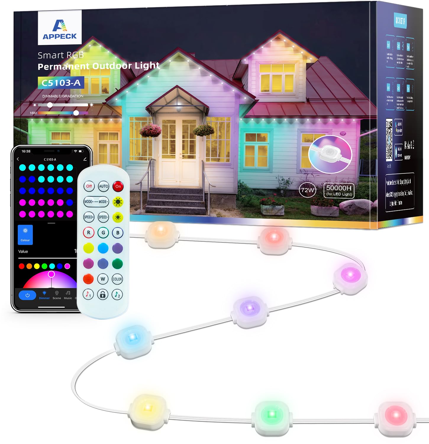 APPECK Permanent Outdoor Lights 100ft, Smart RGB Outdoor Lights with 72 LEDs, IP65 Waterproof LED Eaves Lights, 54 Scene Modes Lighting for Party, Daily, Halloween, Christmas, Roof, Garden, Patios