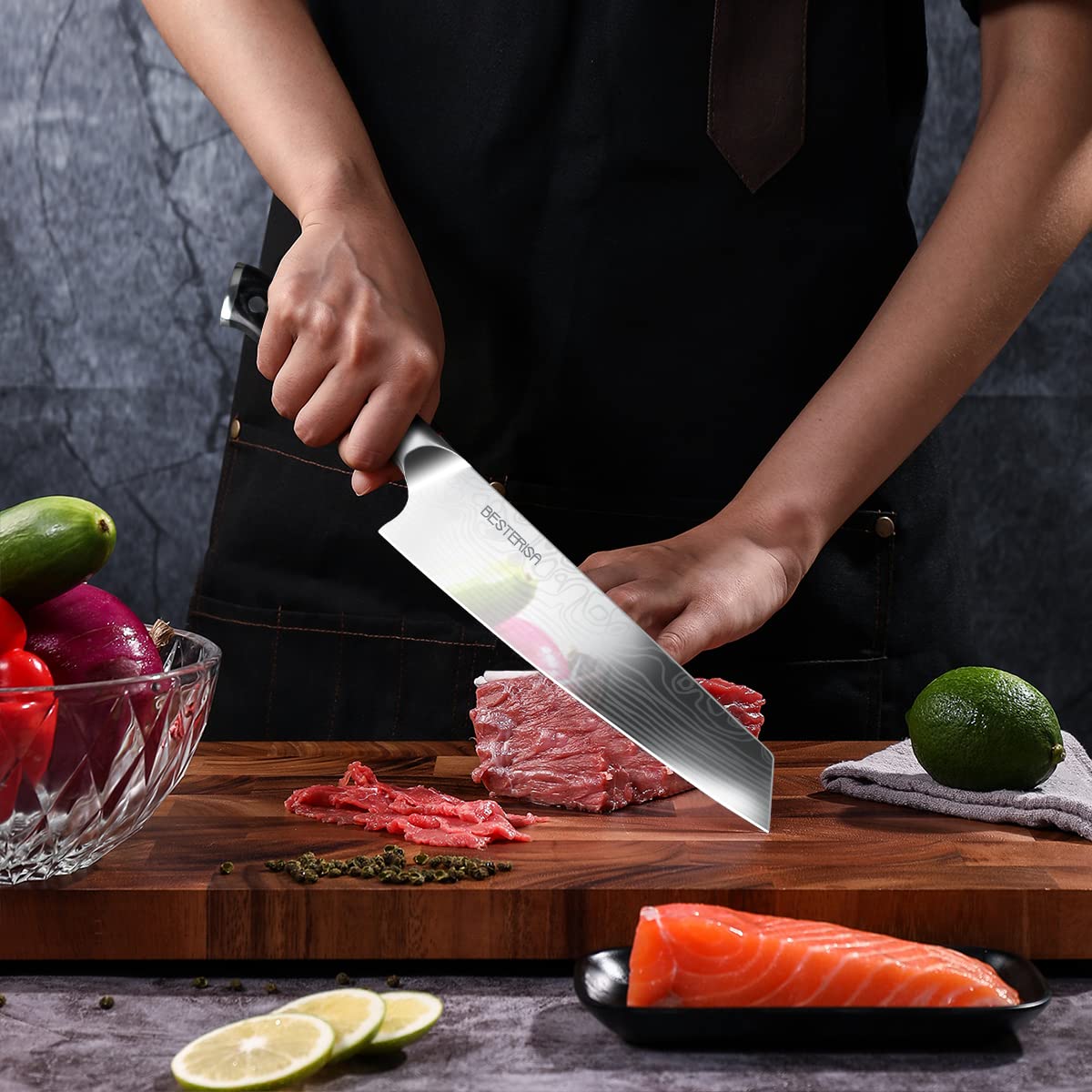 BESTERiSA Kiritsuke Chef Knife ,8 Inch Professional Chef Knife German Stainless Steel EN1.4116 Ultra Sharp Vegetable Meat Cleaver Knife with Knife Guard