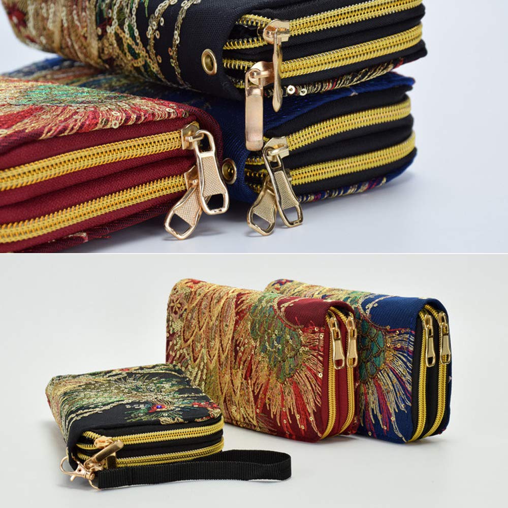 Ethnic Minority Style Double-Sided Embroidered Wallet, Special Peacock Embroidery, Long Zipper, Hand Wallet Mobile Phone Bag (Black)