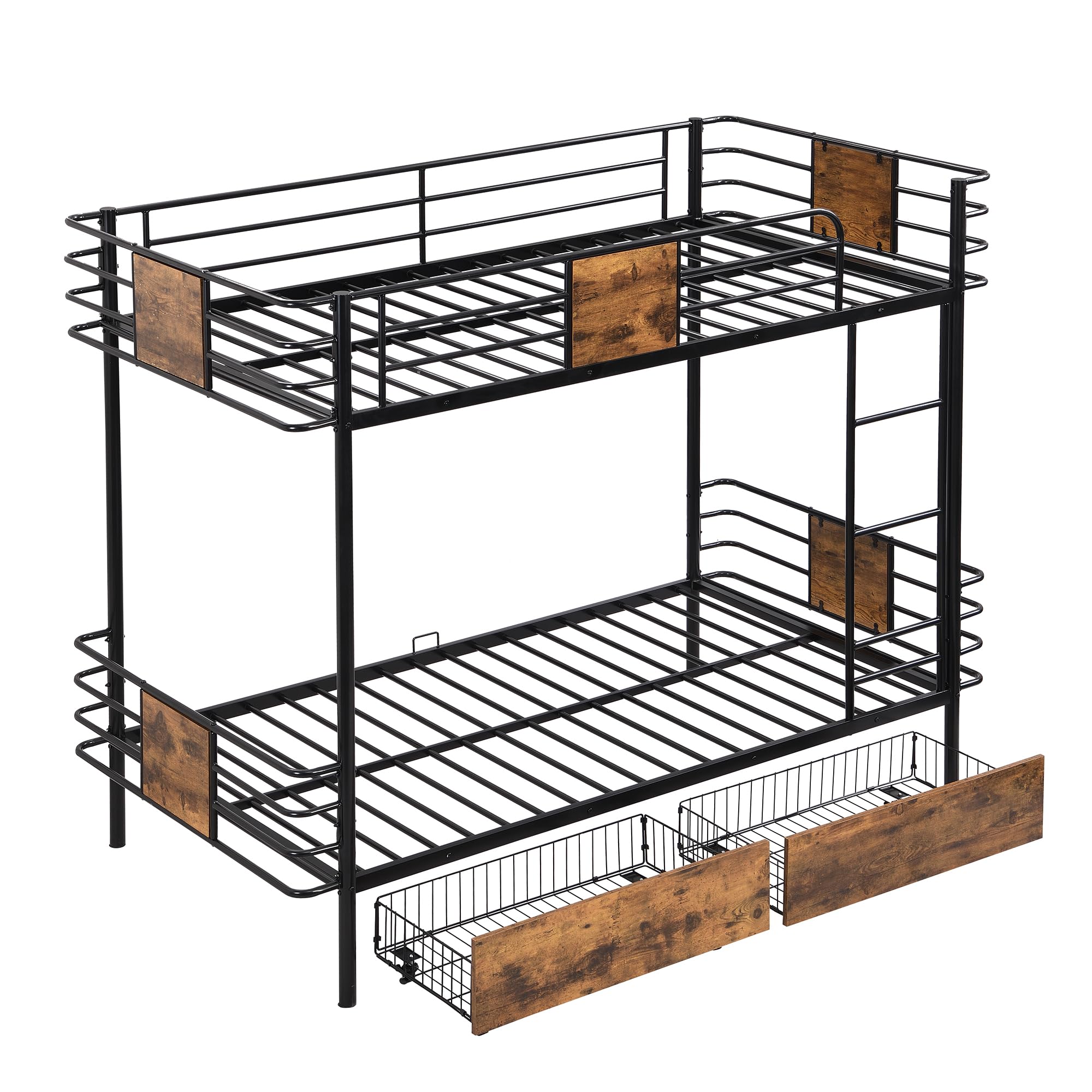 Bunk Bed Twin XL Over Twin XL, Metal Bunk Bed with Storage Drawers and MDF Board Guardrail, Modern Industrial Bunk Bed for Kids Boys Girls Teens, Black
