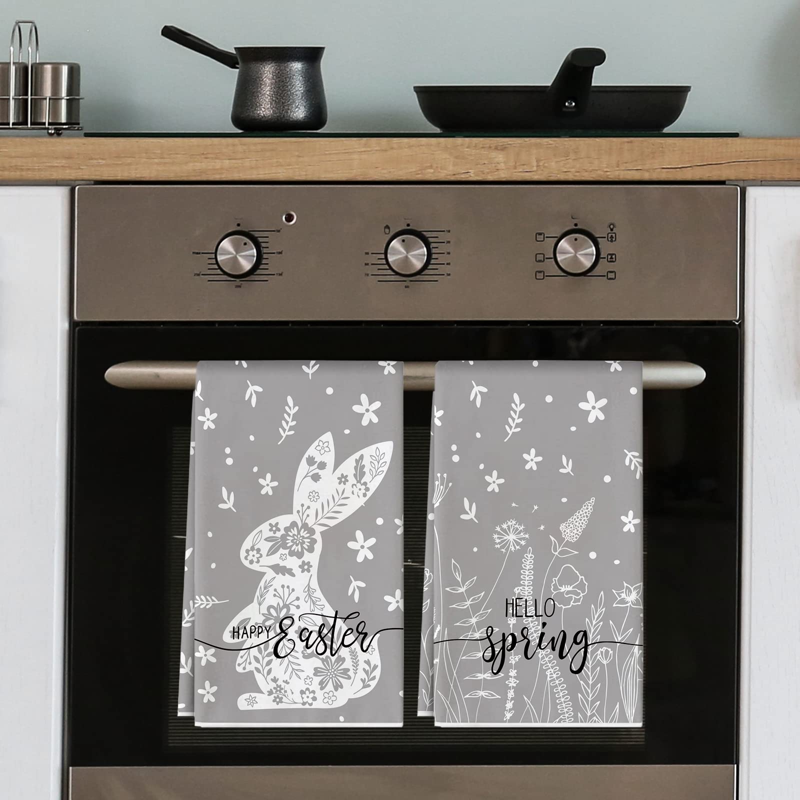 AnyDesign Easter Spring Kitchen Towel Gray Farmhouse Easter Bunny Rabbit Floral Dish Towel 18 x 28 Inch Rustic Hand Drying Tea Towel for Cooking Baking Cleaning Wipes, Set of 2