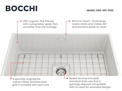 BOCCHI Contempo Farmhouse Apron Front Fireclay 33 in. Single Bowl Kitchen Sink with Protective Bottom Grid and Strainer in White