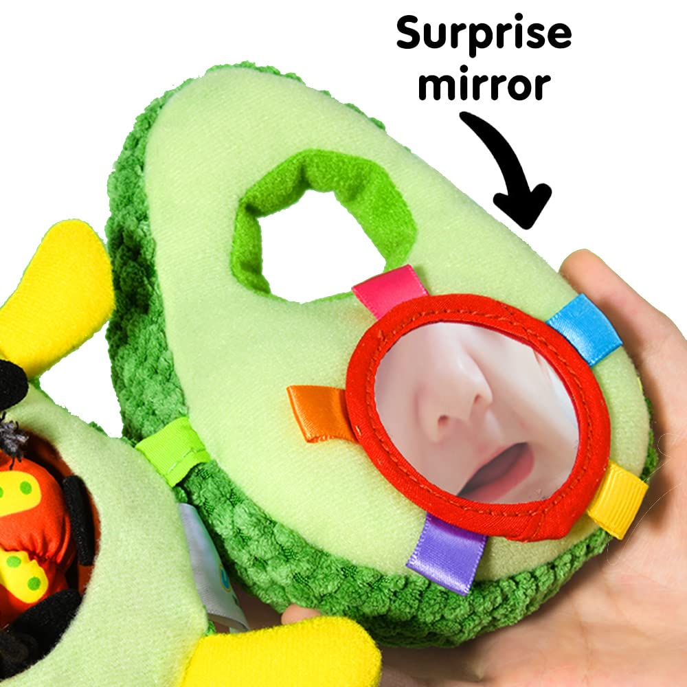 Avocado Stroller Toy with Peekaboo Caterpillar and Mirror, Soft Hanging Rattle & Crinkle Set, Sensory Plush Rattle Toy, Caterpillar Eating Avocado