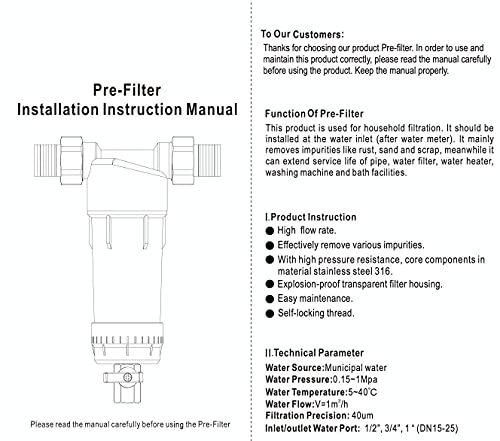 BLUONICS Sediment Water Pre-Filter Reusable Spin Down Filter for Whole House City and Well Water 40 Micron with both 1β + 3/4β NPT adapters included