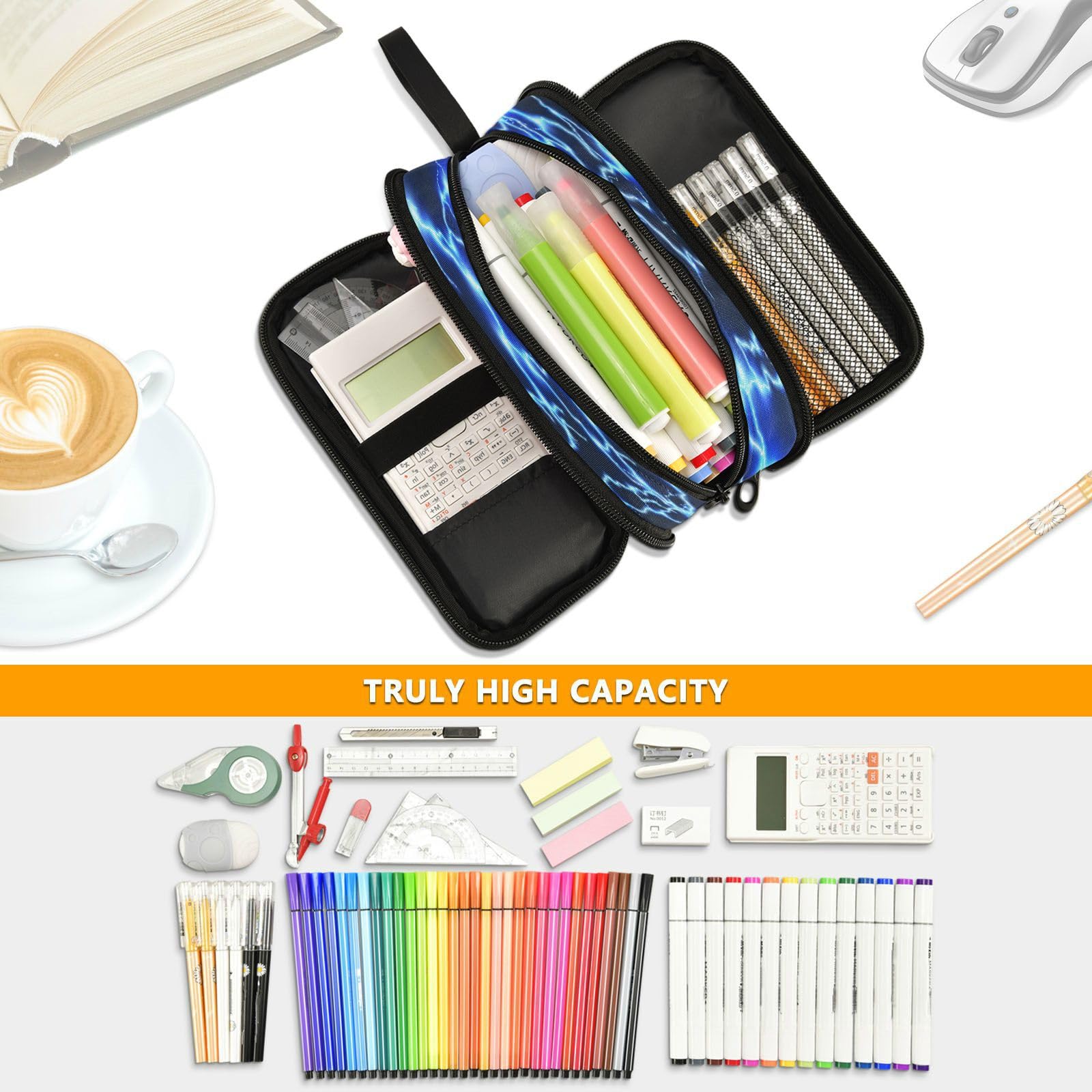 Caikeny Pencil Case Lightning Bolt Pen Bag Light Blue Large Capacity Pencil Box Pen Pouch with Zipper Cosmetic Organizer for Kids Teens Adults