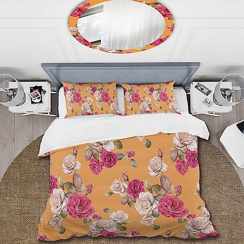DESIGN ART Designart 'White and Red Roses On Mustard Background' Traditional Duvet Cover Set Twin