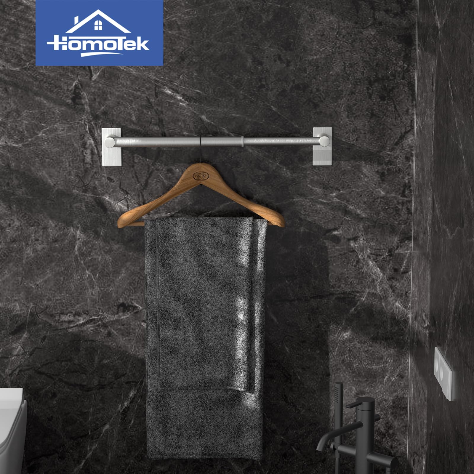 HOMOTEK Towel Bar Adjustable Self Adhesive Bathroom Towel Holder, Towel Rod Size from 14 Inch to 24.5 Inch Single Towel Racks, Towel Hanger Towel Hook for Bathroom, Kitchen(2 Pack Brushed Nickel)