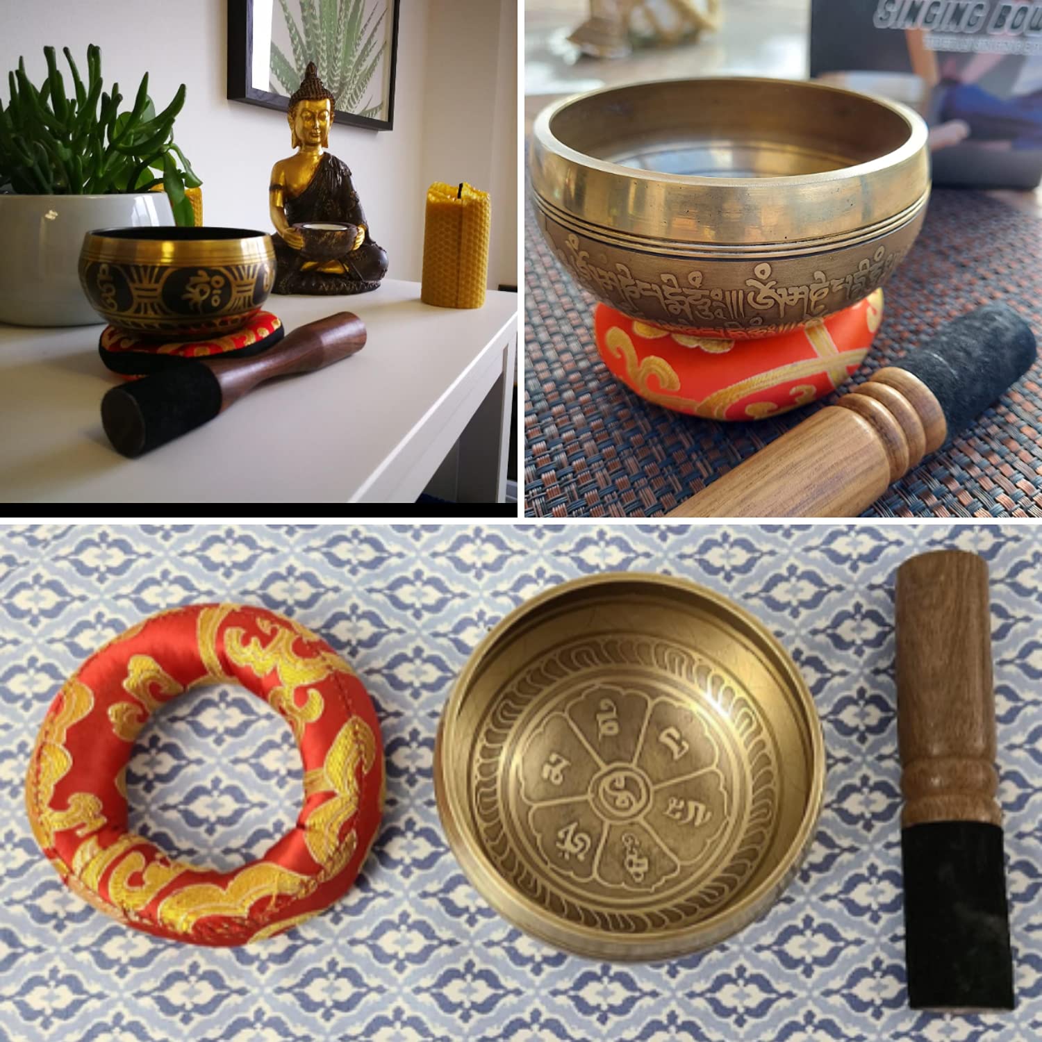 Authentic Hand Crafted Tibetan Singing Bowl Set - Easy to Use with Mallet and Silk Red Cushion