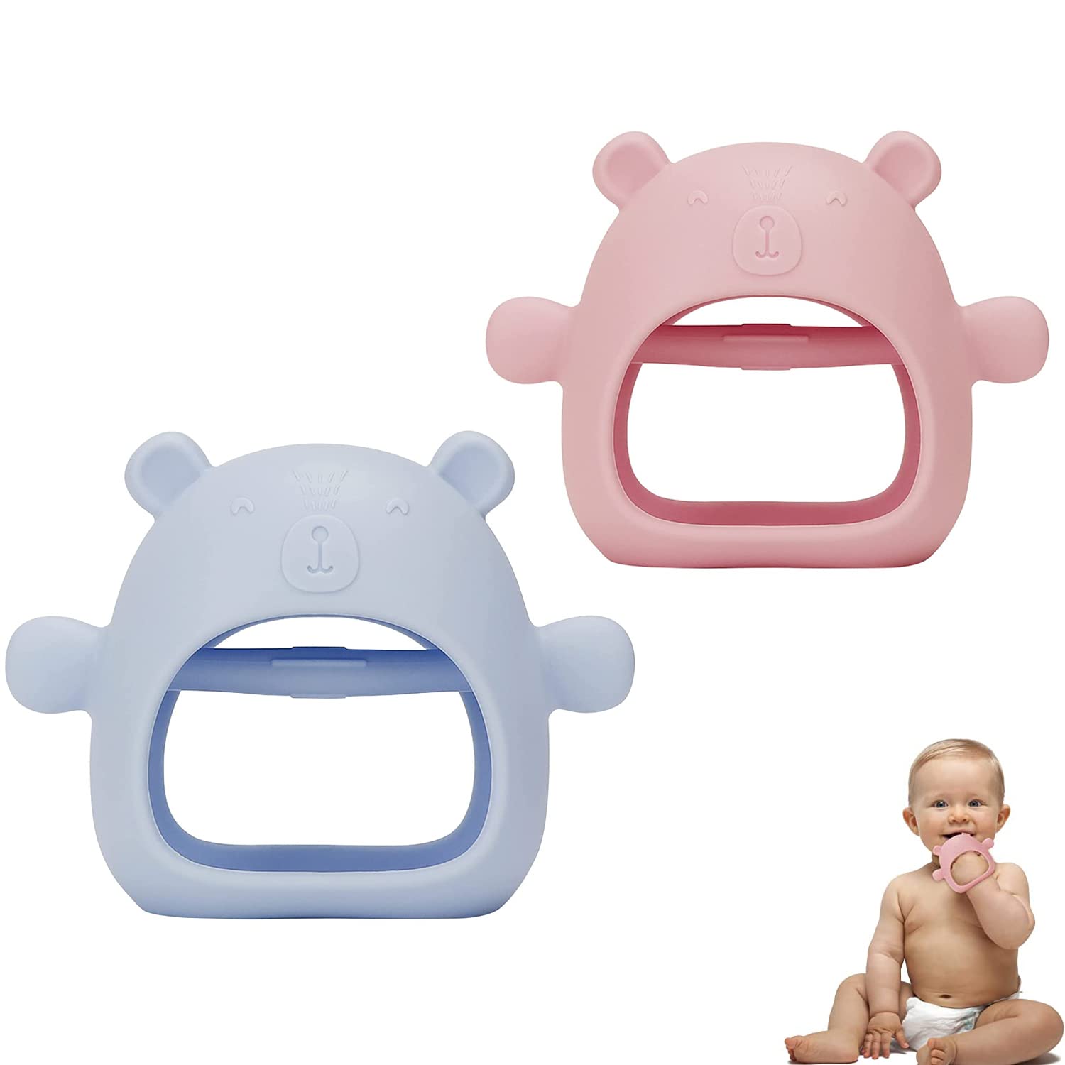 Bear Never Drop Silicone Teething Toys for Babies 0-6 Months 6-12 Months Baby Teething Toys for Sucking Needs Teethers Toys for Babies (LightBluePink)