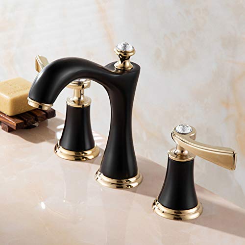 Bathroom Sink Faucet, G1/2 2 Handle 3 Holes Deck Mounted Brass Faucet, Crystal Handle Mixer Tap(Notice The Crystal ON Handle), Matte Black, 1 1/4-1 1/2Inch Sink Hole Size