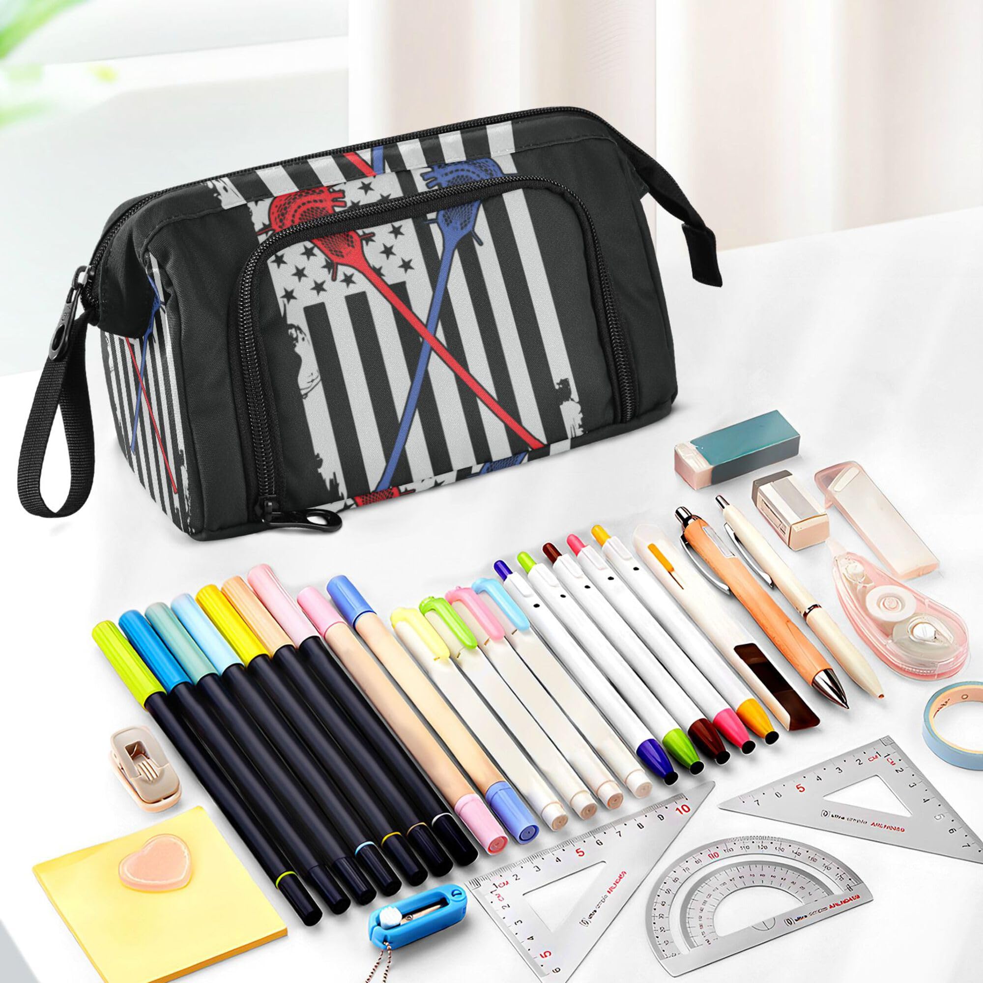 Glaphy American Flag with Lacrosse Hockey Pencil Case Large Capacity Pencil Pouch Bag Zipper Storage Stationery Bag for Office College School