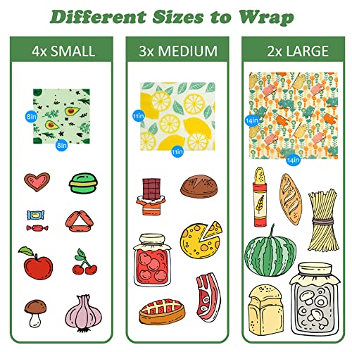 Beeswax Reusable Food Wraps 9 Packs - Beeswax Wraps for Food, Beeswax Wrap Sustainable Wax Paper for Sanwich Bread Cheese Fruits Snacks, Zero Waste(S/M/L)