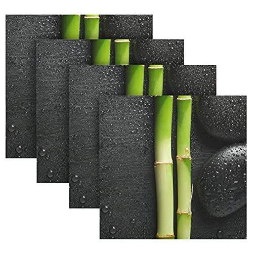 Black Zen Basalt Stones with Dew Green Bamboo on Dark Dinner Cloth Napkin, Set of 1 Oversized Reusable Table Napkins, Washable Premium Fabric with Hemmed Edges for Wedding Parties