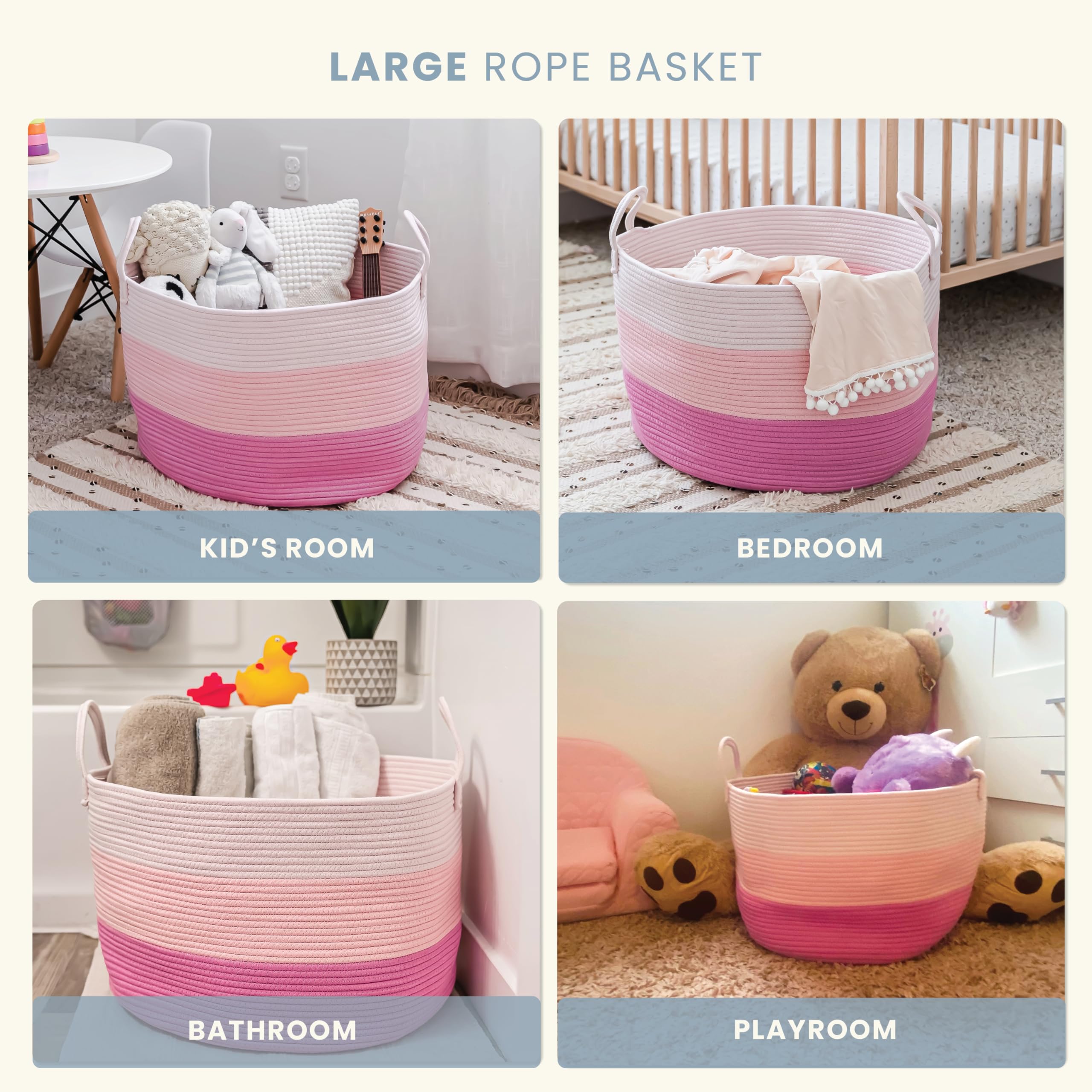 OrganiHaus Pink Baby Laundry Baskets for Organizing 20x13, Extra Large Basket for Blankets, Storage Basket for Living Room, Nursery Laundry Hamper, Cotton Rope Basket, Woven Laundry Basket