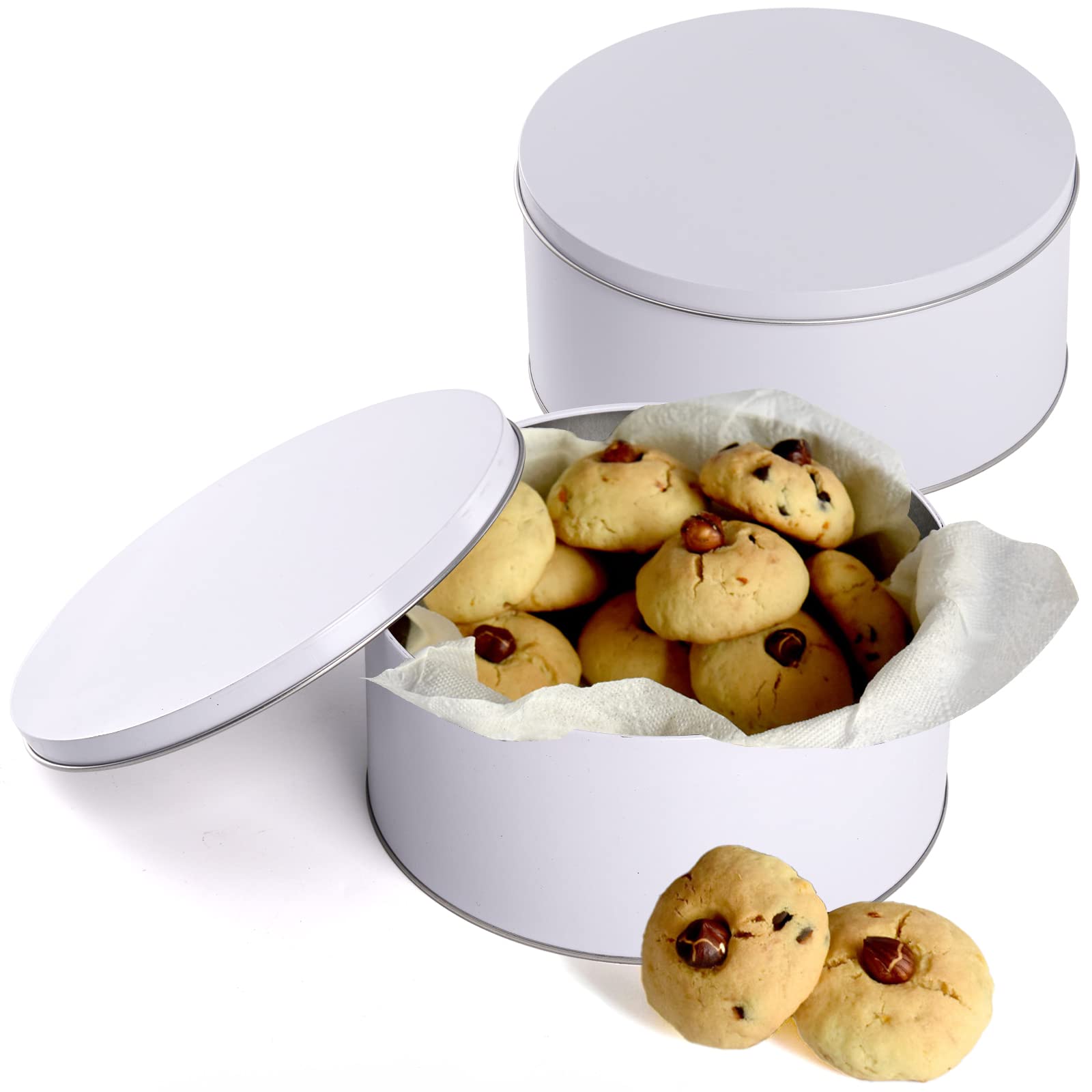 Yopay 3 Pack Cookie Tin with Lid, Round Sturdy Gift Tin, White Baking Cake Container for Storing Patisseries, Snack, Chocolate, Easter, Special Occasion, Holidays, 7" Wide by 3.2" Tall