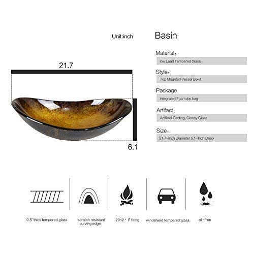 Bathroom Vessel Sink, Boat Shape Bathroom Artistic Glass Vessel Bowl Basin with Free Oil Rubbed Bronze Faucet and Pop-up Drain, Gold ingot
