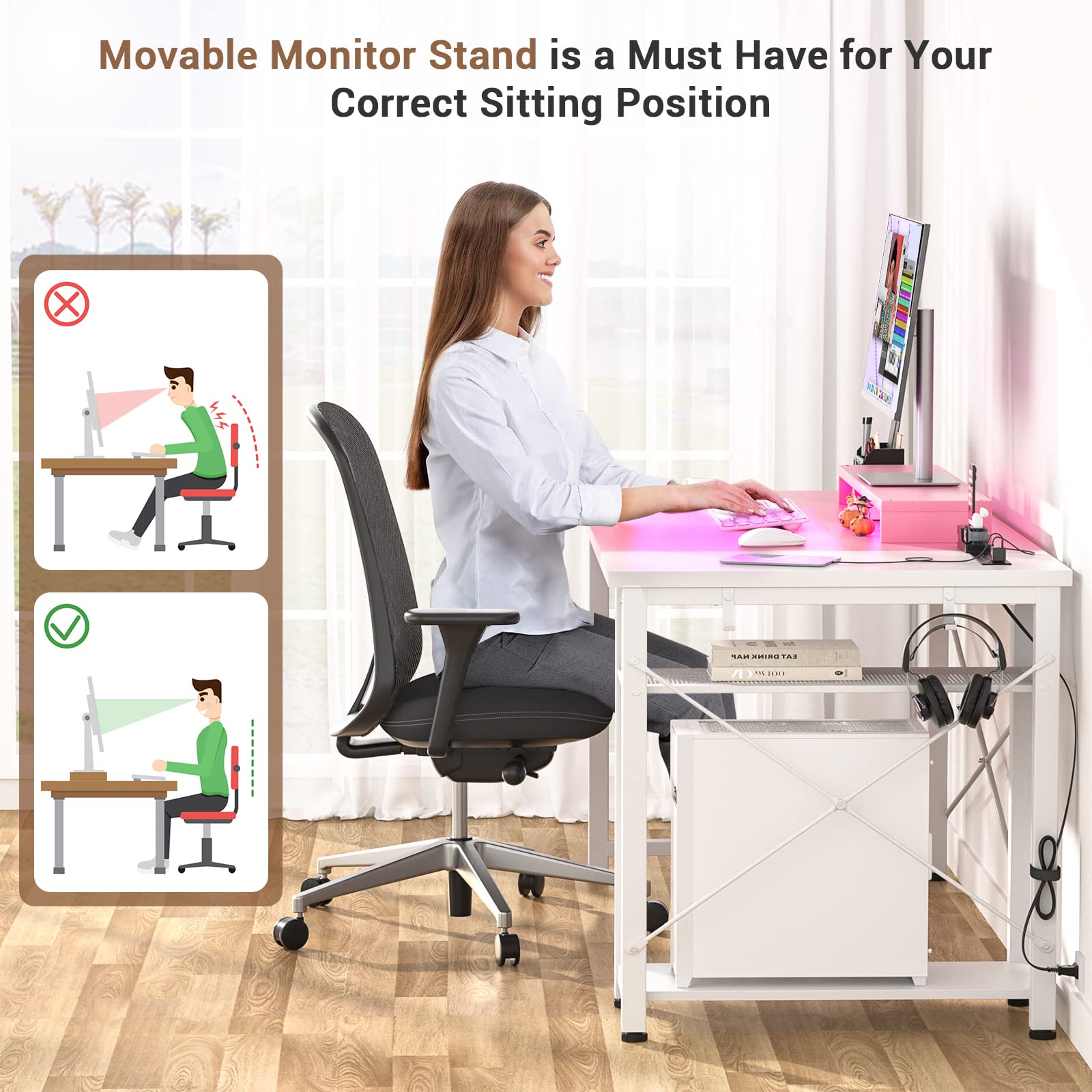 armocity Computer Desk with LED, Gaming Desk with Outlets, 40 Reversible Laptop Table with Monitor Stand, Small Desk for Small Spaces, Pink