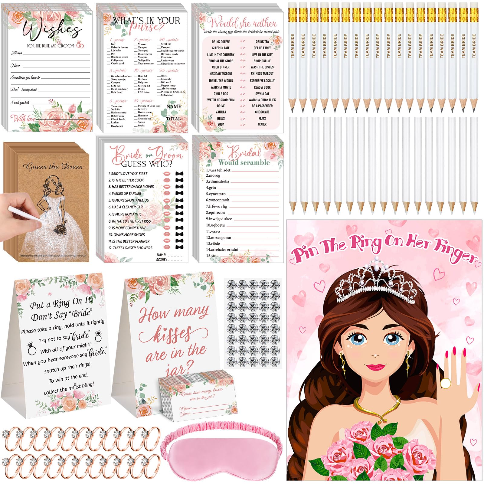Blueweenly 9 Sets Wedding Bridal Shower Games for 50 Guests - Put a Ring, Would She Rather, Guess The Dress, How Many, Guess Who, Pin The Ring, Wishes