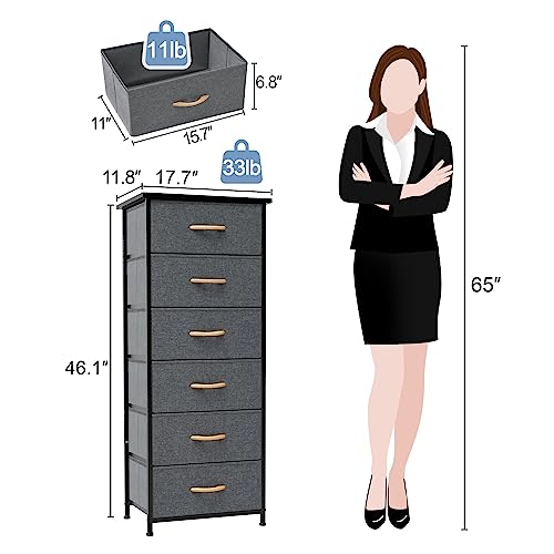 Crestlive Products Vertical Dresser Storage Tower - Sturdy Steel Frame, Wood Top, Easy Pull Fabric Bins, Wood Handles - Organizer Unit for Bedroom, Hallway, Entryway, Closets - 6 Drawers (Black&Gray)