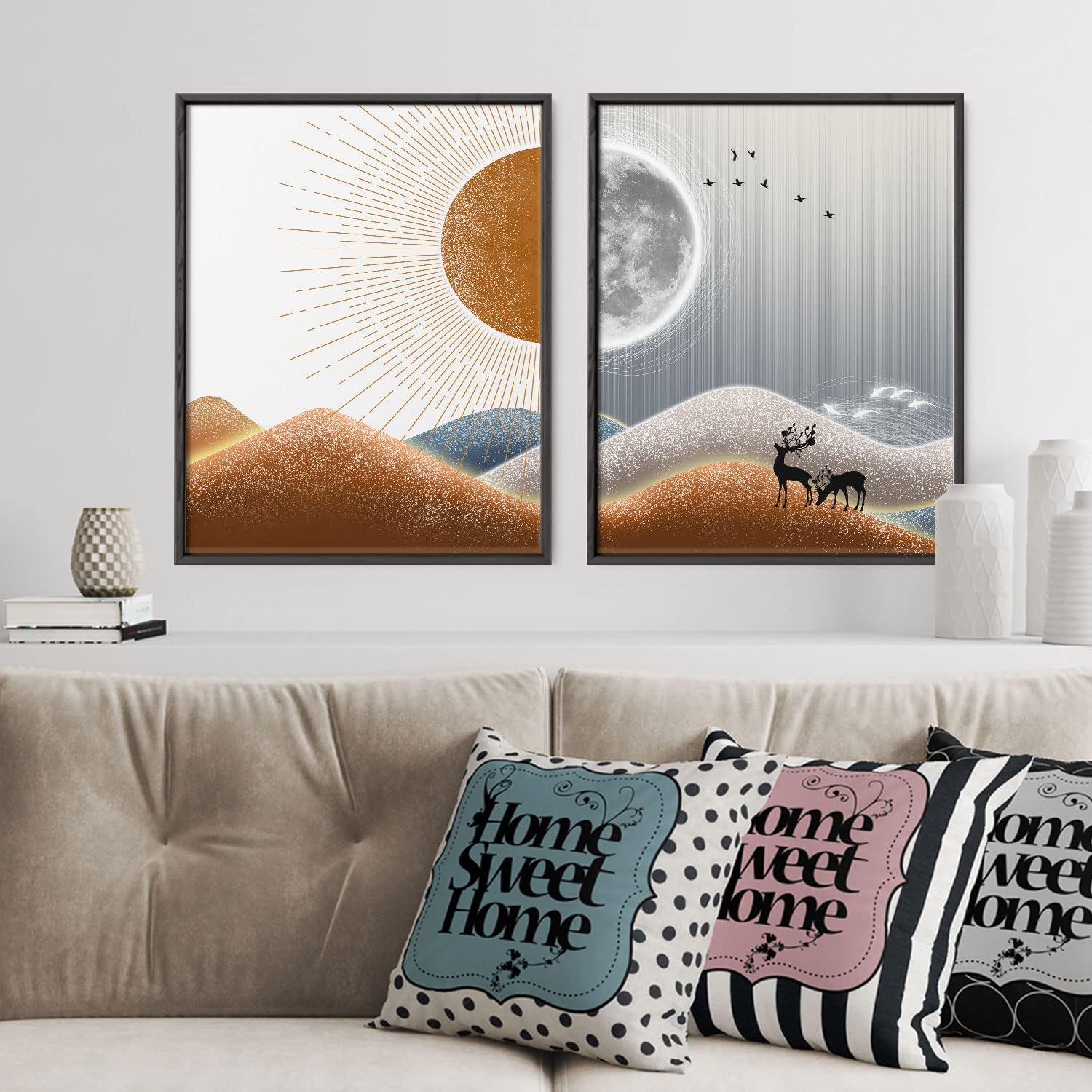 Boho Wall Art - Sun and Moon Art - Boho Bedroom Art - Sunshine Decor - Mid Century Modern Wall Decor - Bathroom, Living Room, Office, Classrooms, Home Wall Decor, Set of 2 Prints, 11x14" Unframed