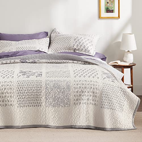 Bedsure Patchwork Quilt Set Queen - Beige and Grey Quilt Bedding Set, 3 Pieces Lightweight Bedspread, Vintage Floral Printed Microfiber Coverlet with 2 Pillow Shams for All Seasons (90"x96")