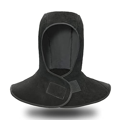Black Leather Welding Jacket with Hood, Heavy Duty FR Split Cowhide Leahter Work Safety Jackets, Welder Jackets for Men & Women(Large)