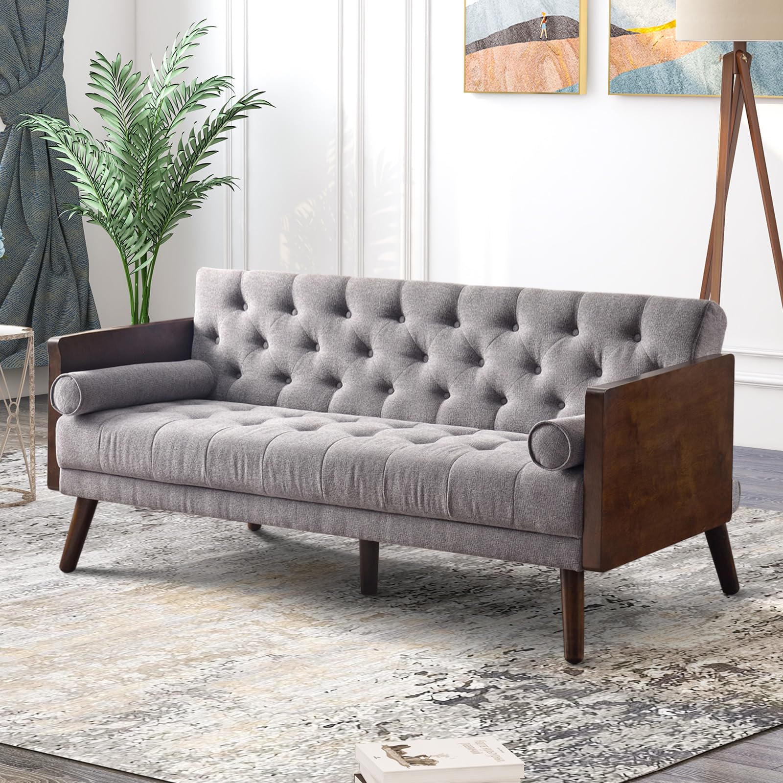 CANMOV Futon Sofa Bed, Sofa Cama, Sleeper Loveseat, Convertible Sleeper Sofa Bed Living Room, Wood Frame Loveseat Sleeper Sofa Bed with 2 Pillows for Small Spaces, Bedroom, Office, 70 Inch, Grey