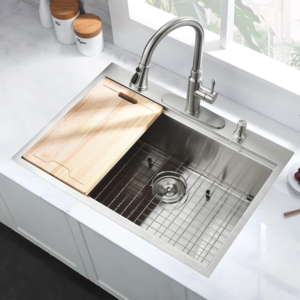 BoomHoze 33-inch Kitchen Sinks, 33x22 Drop In Kitchen Sink 304 Stainless Steel Sink Single Bowl Top Mount Workstation Kitchen Sink 16 Gauge Handmade Deep Kitchen Sink with Cutting Board