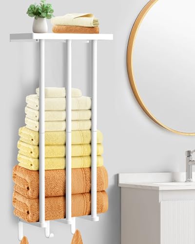 Kayfia Towel Racks for Bathroom Wall Mounted, Bathroom Tool Storage with Metal Shelf & 3 Hooks, Upgrade 3 Bars Towel Holder Wall Can Hold Up to 7 Large Bath Towels, Sturdy and Large Capacity, White
