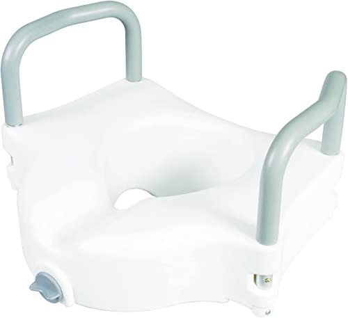 Carex 4.5 Inch Raised Toilet Seat with Arms - For Elongated Toilets, Elevated Toilet Riser with Removable Padded Handles, Easy On and Off, 300lb Weight Capacity, White