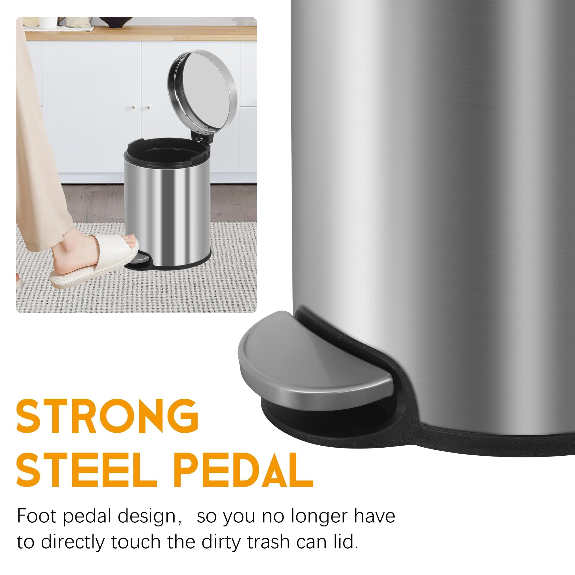 BLKMTY Trash Can Bathroom Trash Bin with Lid Waste Bin 6 L/1.6 Gallon Stainless Steel Garbage Can Round Portable Garbage Bin for Bathroom Office Bedroom Rubbish Bin Step-Open, Silver (2 Pack)