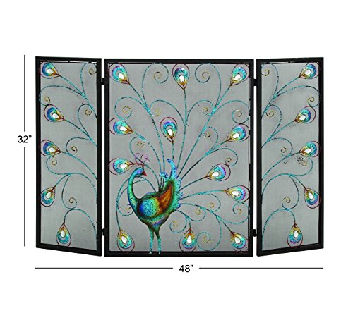 Deco 79 Metal Peacock Fireplace Screen Rainbow 3 Panel with Crystal Accents and Black Frame, 48" x 1" x 32", Blue