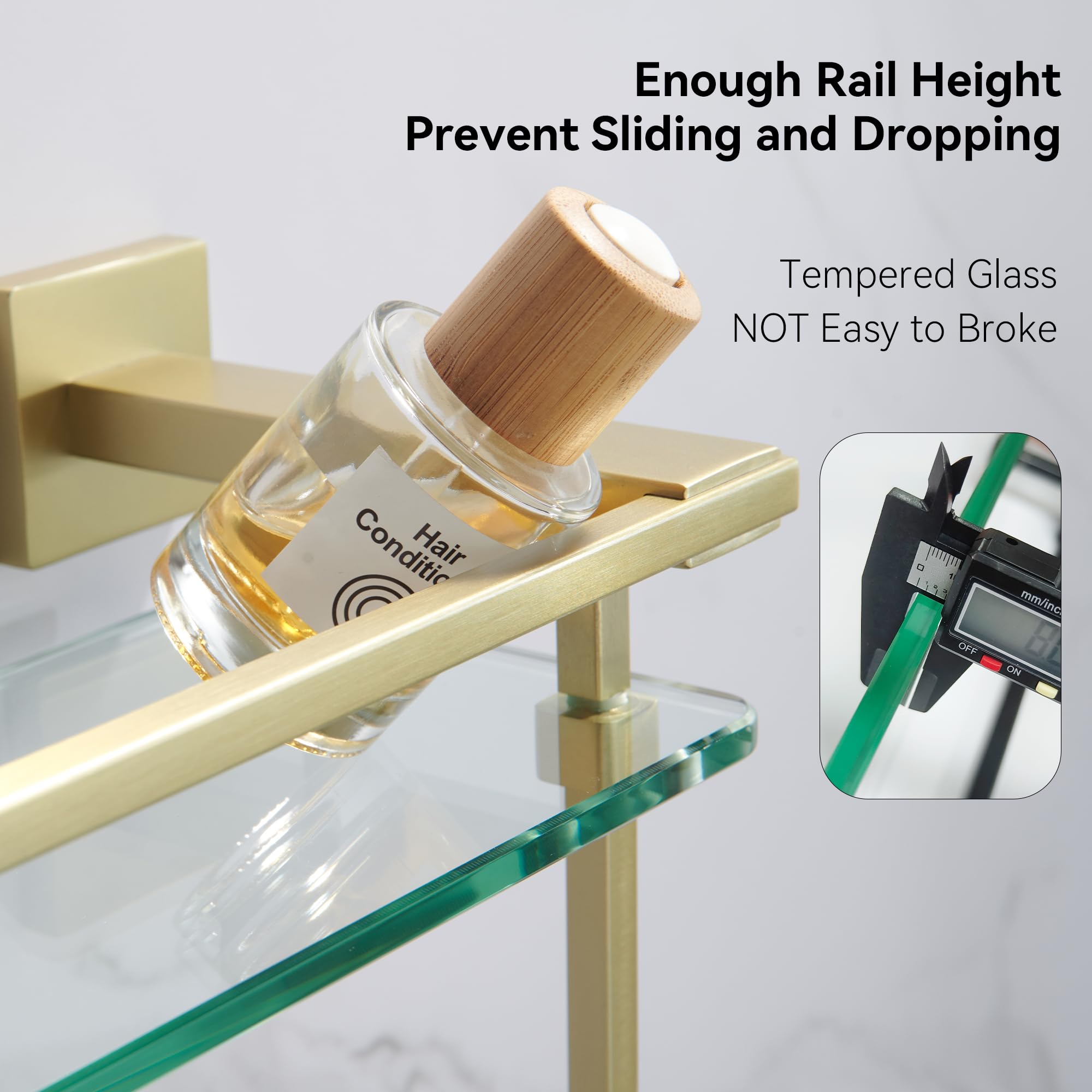 LANC Bathroom Shelves with Towel Bar 20 Inch Gold Floating Tempered Glass Shelf with Towel Rails for Shower Bath Kitchen Storage Rack Wall Mounted Rustproof Stainless Steel Brushed Gold,A7615BG