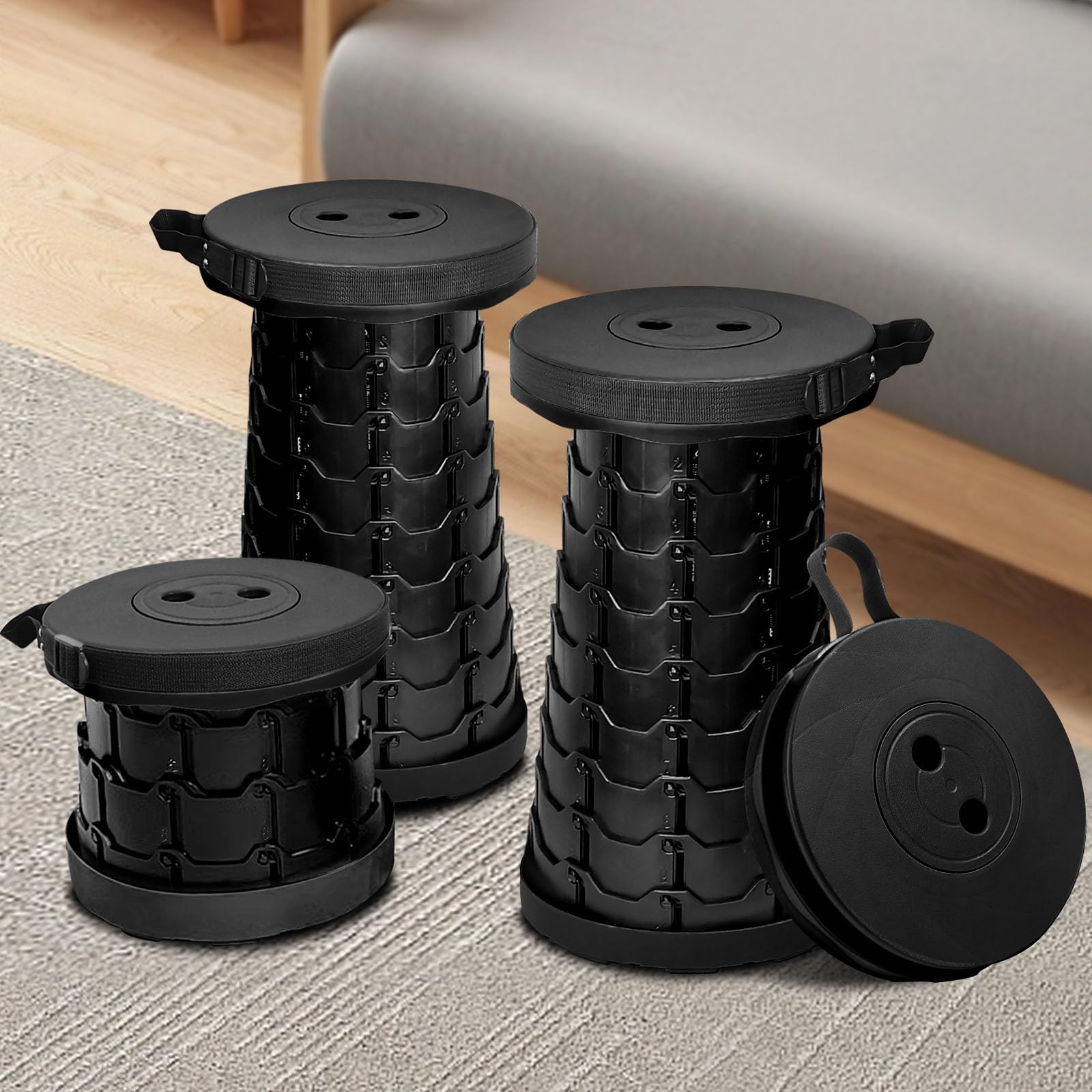 BEBODOFI Upgraded Foldable Telescoping Stool Portable, Lightweight Yet More Sturdy with Load Capacity 400lbs Collapsible Stool Retractable Stool for Camping Fishing Hiking BBQ (Black)