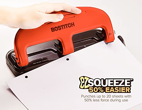 Bostitch Office Three Hole Punch Ez Squeeze Hole Puncher 20 Sheet Standard - Metal Construction - Red