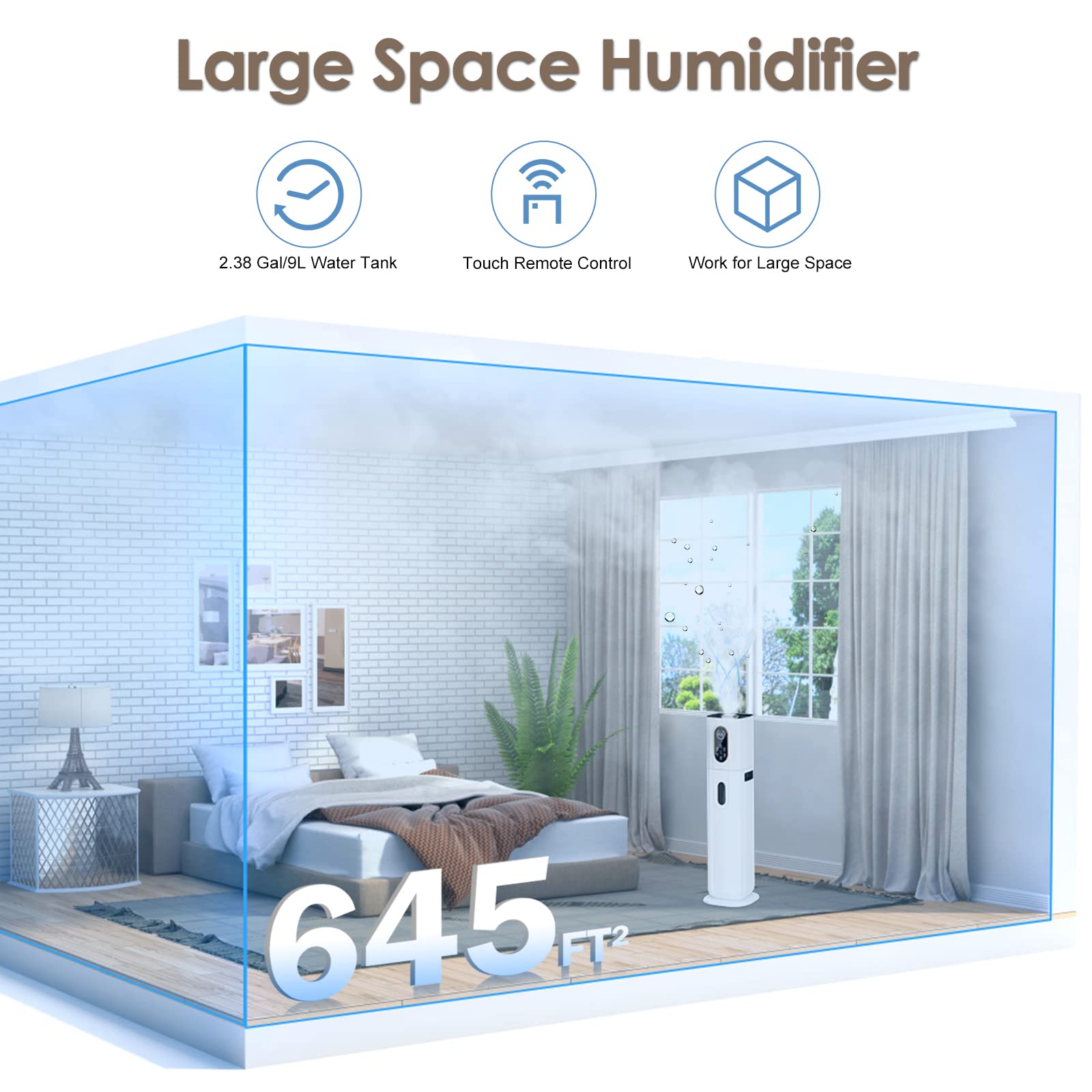 Humidifier for Large Room Bedroom, BITOWAT Warm & Cool Mist Humidifiers 9L/2.38 Gallon, Top Fill, Essential oil Tray, Custom Humidity, 3 Mist Level, Timing Setting, Remote Control