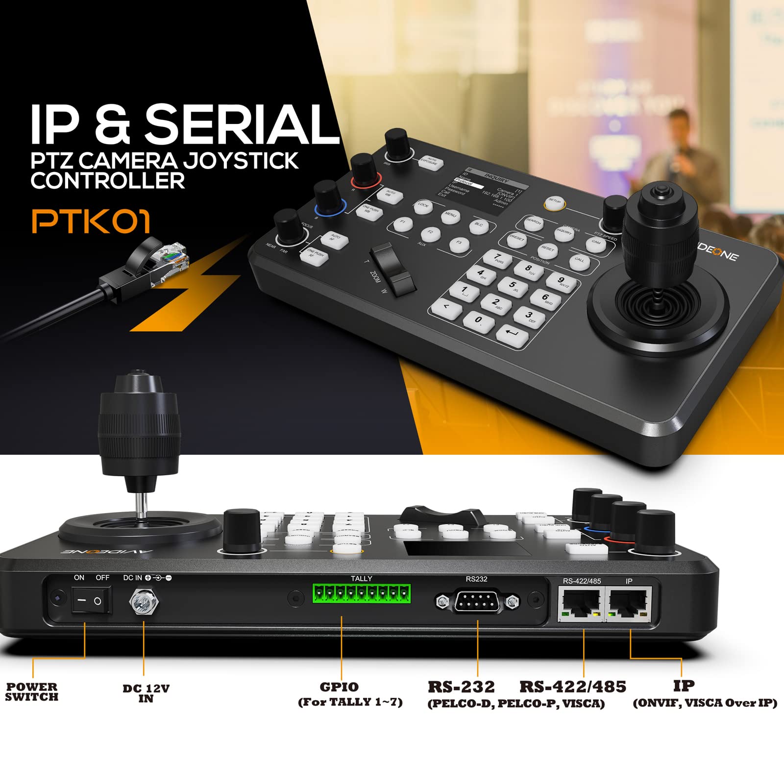 AVIDEONE PTZ Camera Controller with 4D Joystick for Church Live Streaming,Supported Onvif Visca Over IP RS422 RS485 RS232 Pelco-D/P 2.2 Inch LCD Screen