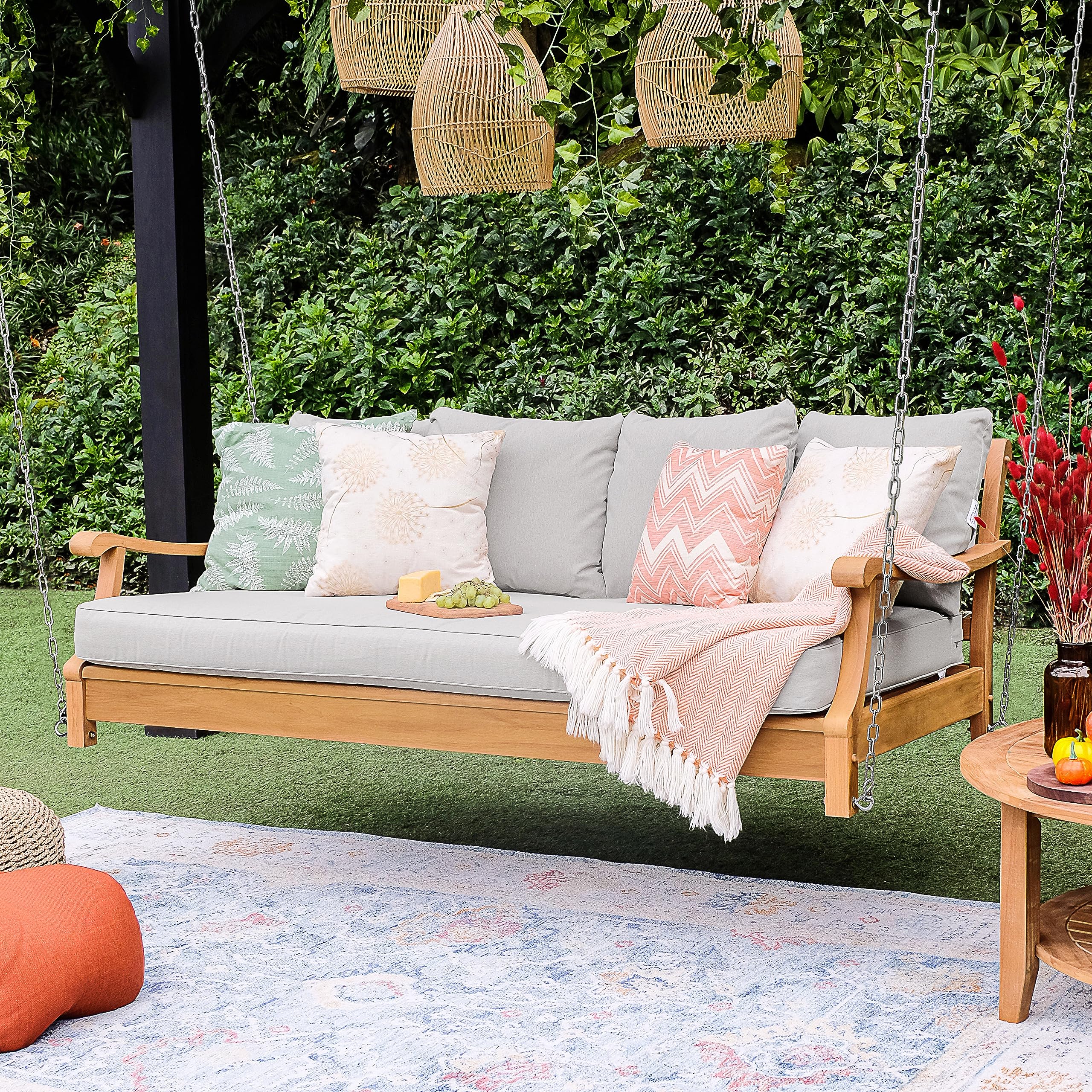 Cambridge Casual Robin Teak Wood Outdoor Swing Daybed Oyster Cushion