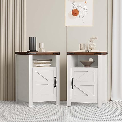 Breezestival Farmhouse Nightstand, End Table with USB and Socket, Wooden Side Table with Barn Door, Set of 2 with Storage Space, Suitable for Bedroom,Living Room, White