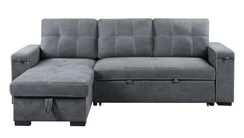 Lilola Home Toby Gray Woven Fabric Reversible Sleeper Sectional Sofa with Storage Chaise Cup Holder USB/USB-C Ports and Pockets